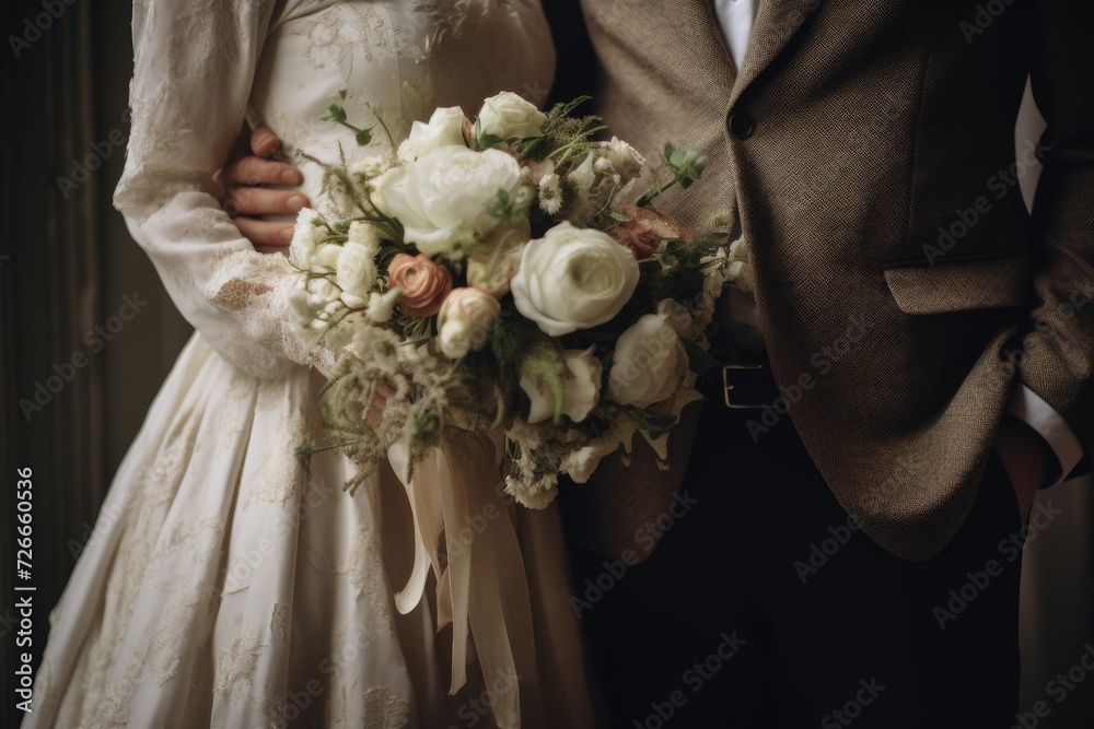 A bride and groom stand together, holding a beautiful bouquet of ...