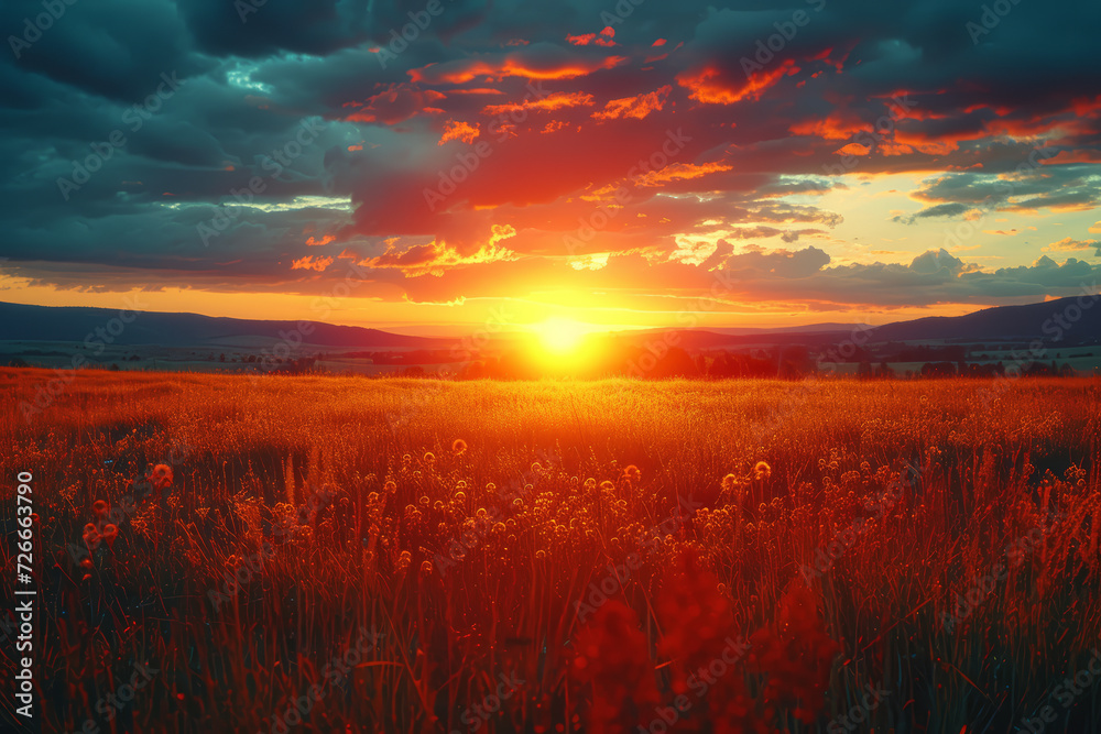 A film photo of a sunset, where the dynamic range and warm tones convey ...