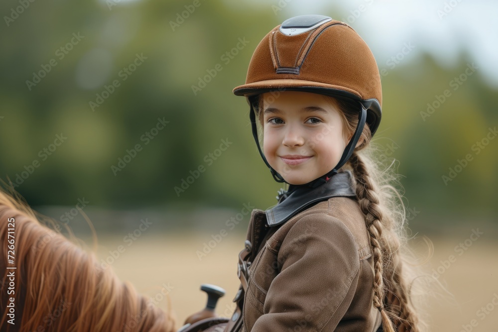 A happy little girl riding a horse. Generative Ai. Stock Illustration ...