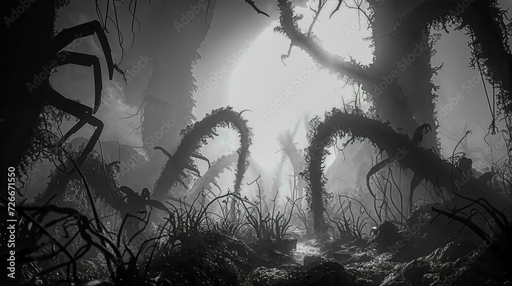Realm Of Nightmares And Fear. Darkness Landscape With Insectoid Shapes ...