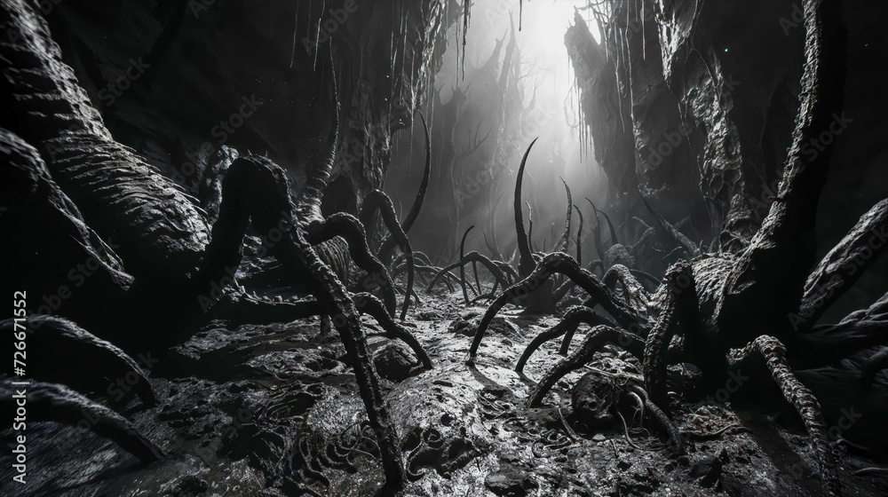 Realm Of Nightmares And Fear. Darkness Landscape With Insectoid Shapes ...