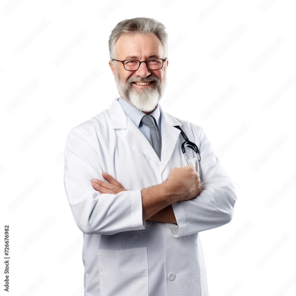 A joyful mature doctor in a lab coat posing for the camera, capturing ...
