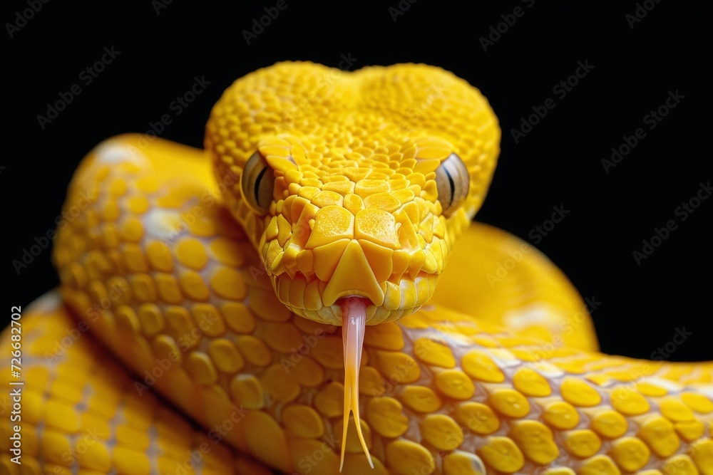 A vibrant yellow serpent basks indoors, its forked tongue flicking ...