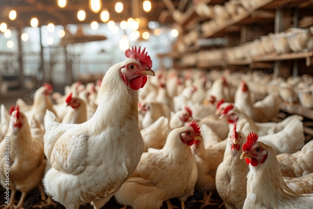 A lively flock of gallinaceous birds with vibrant combs and beaks stand ...