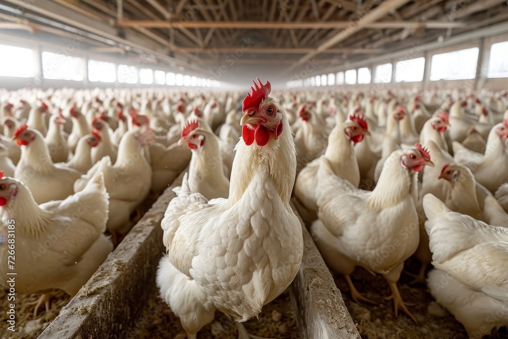 A colorful flock of galliformes stand tall in their indoor home, with ...