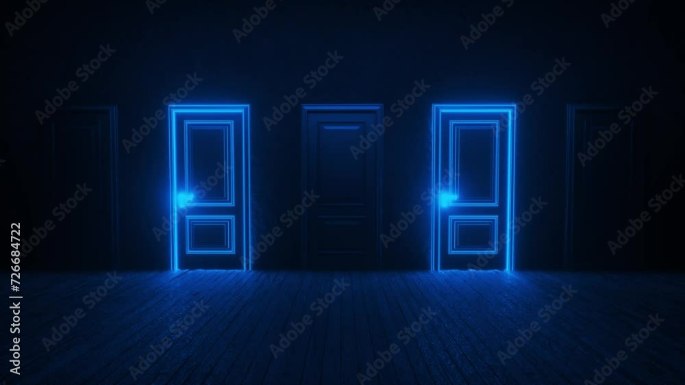 A row of blue neon closed doors randomly glowing in turn. Pulsating ...