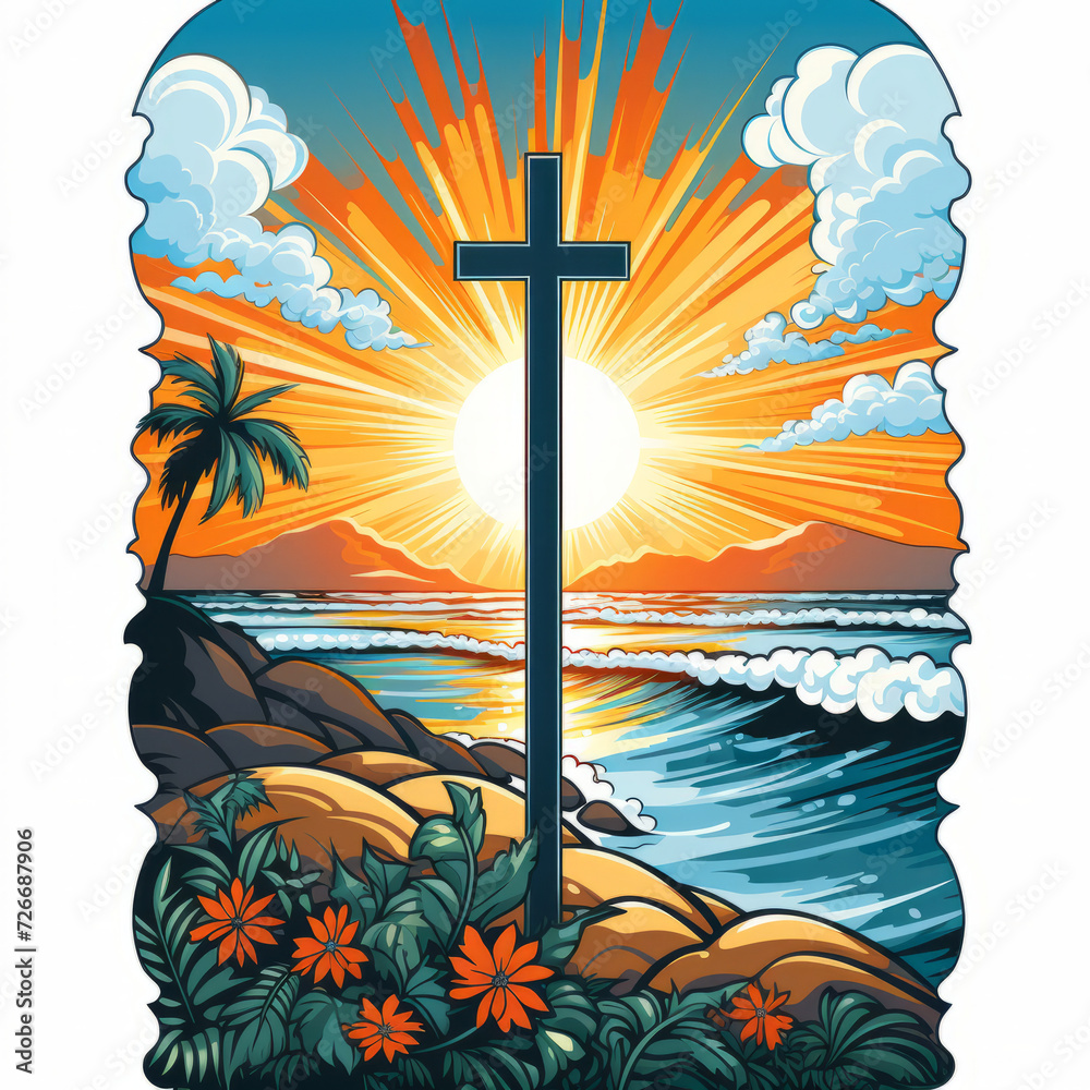 Tropical Sunrise with Christian Cross Illustration Stock Illustration ...