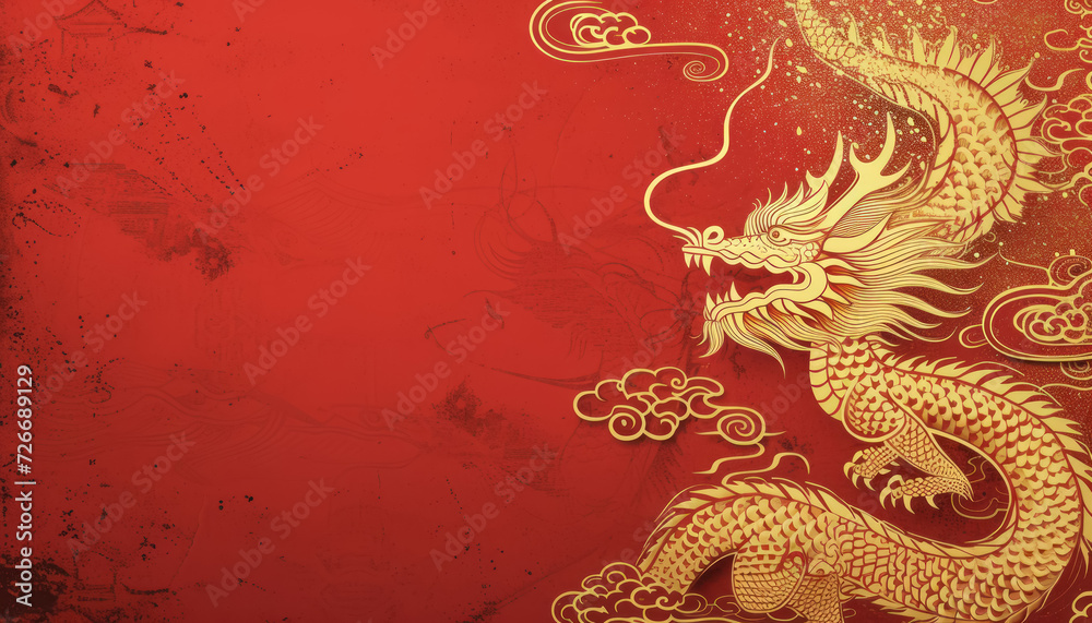 traditional red and gold Chinese dragon design on a textured background ...