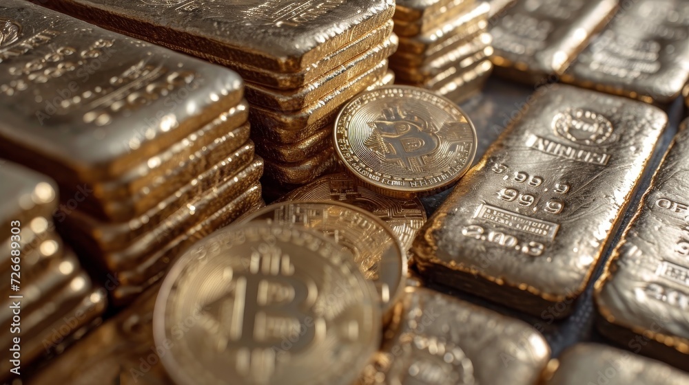 A glimmering hoard of precious metals and currency, representing wealth ...