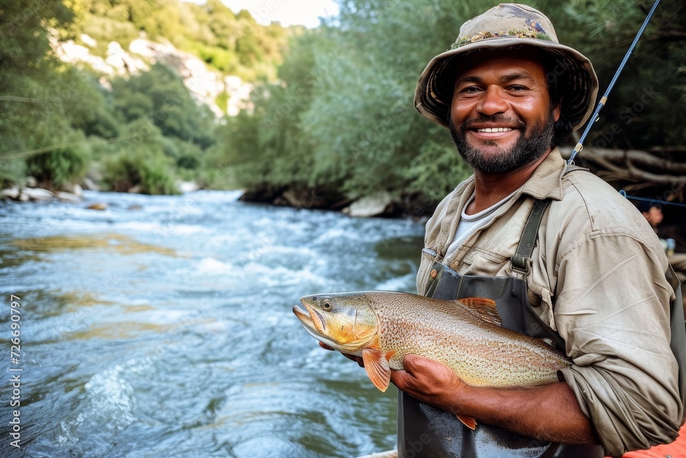 A rugged fisherman proudly displays his catch of a vibrant trout while ...