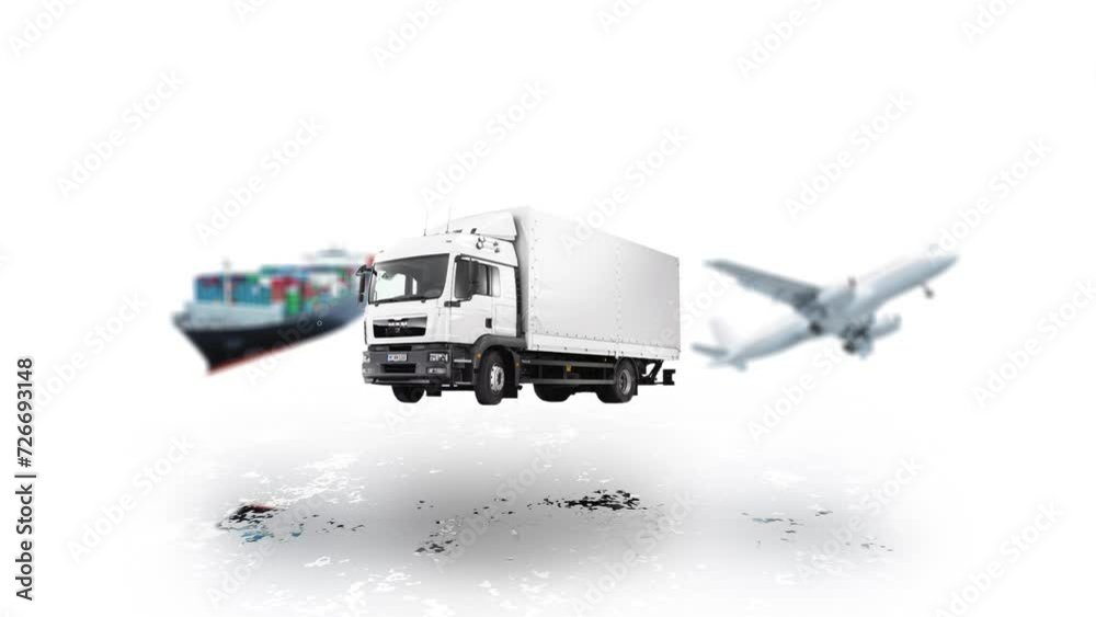 Animated rotation of Cargo ship, plane, cargo truck and logistics ...