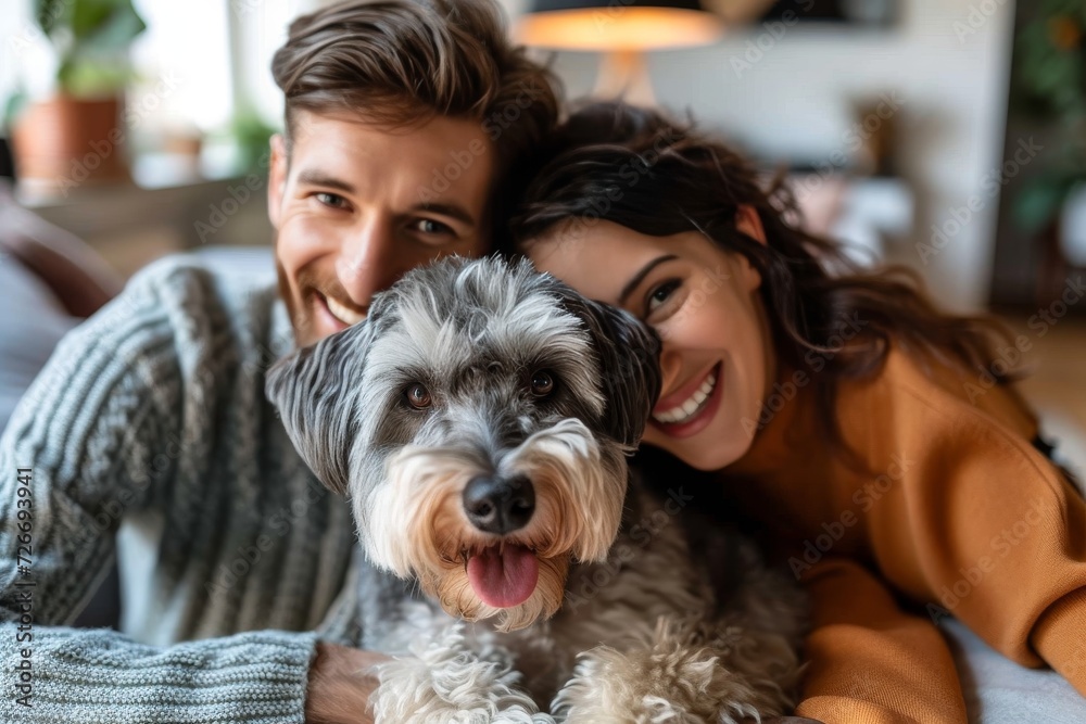 A devoted couple and their lovable poodle crossbreed enjoy the comfort ...