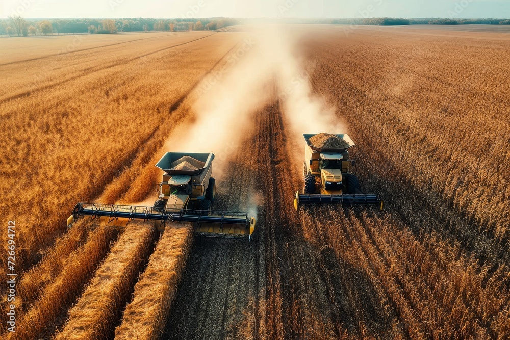 Amidst the sprawling greenery of a vast field, two powerful tractors ...