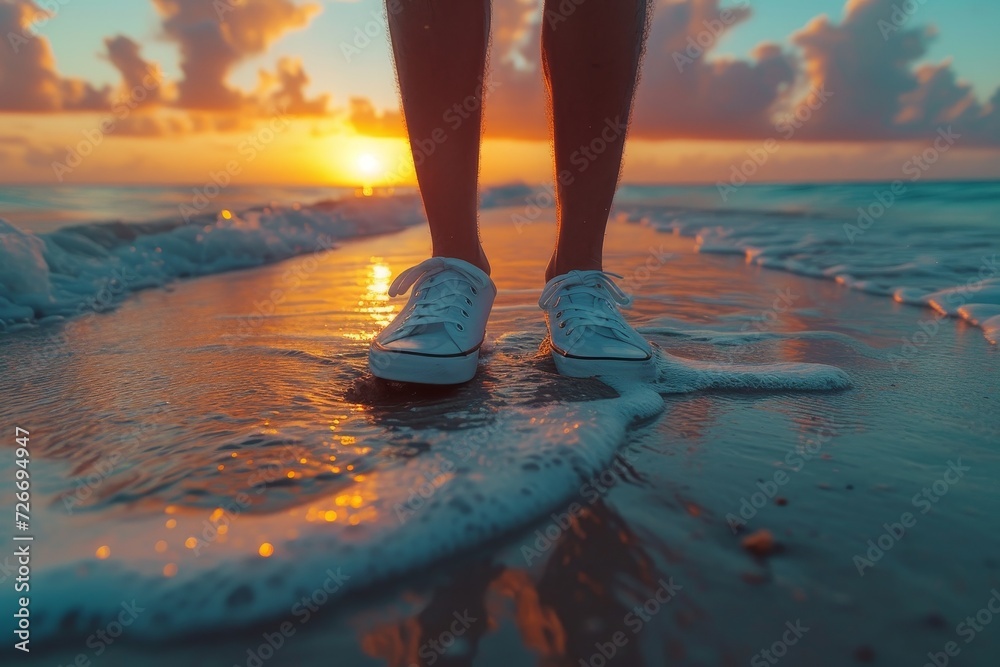 A lone figure stands on the beach at sunrise, their feet buried in the ...