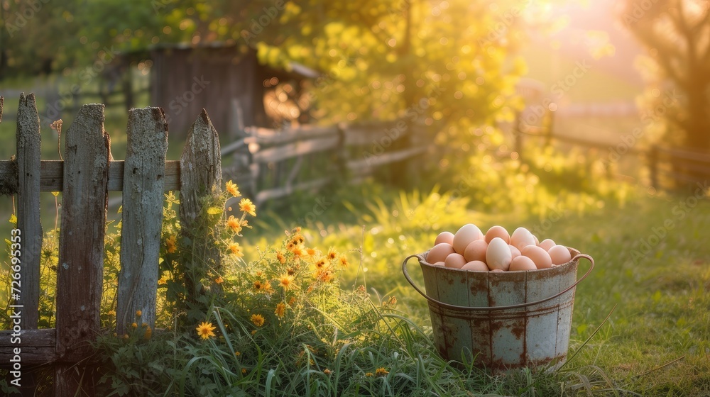 a sturdy bucket brimming with freshly collected eggs, nestled beside ...