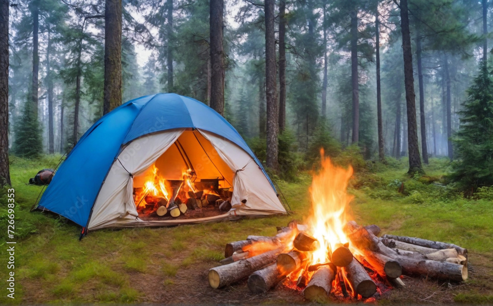 Expedition trip. Bonfire and tent in the nature in the forest. Outdoor ...