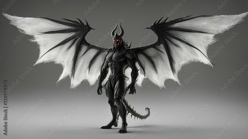 black and white demon A demon with wings of fire that flies in the dark ...