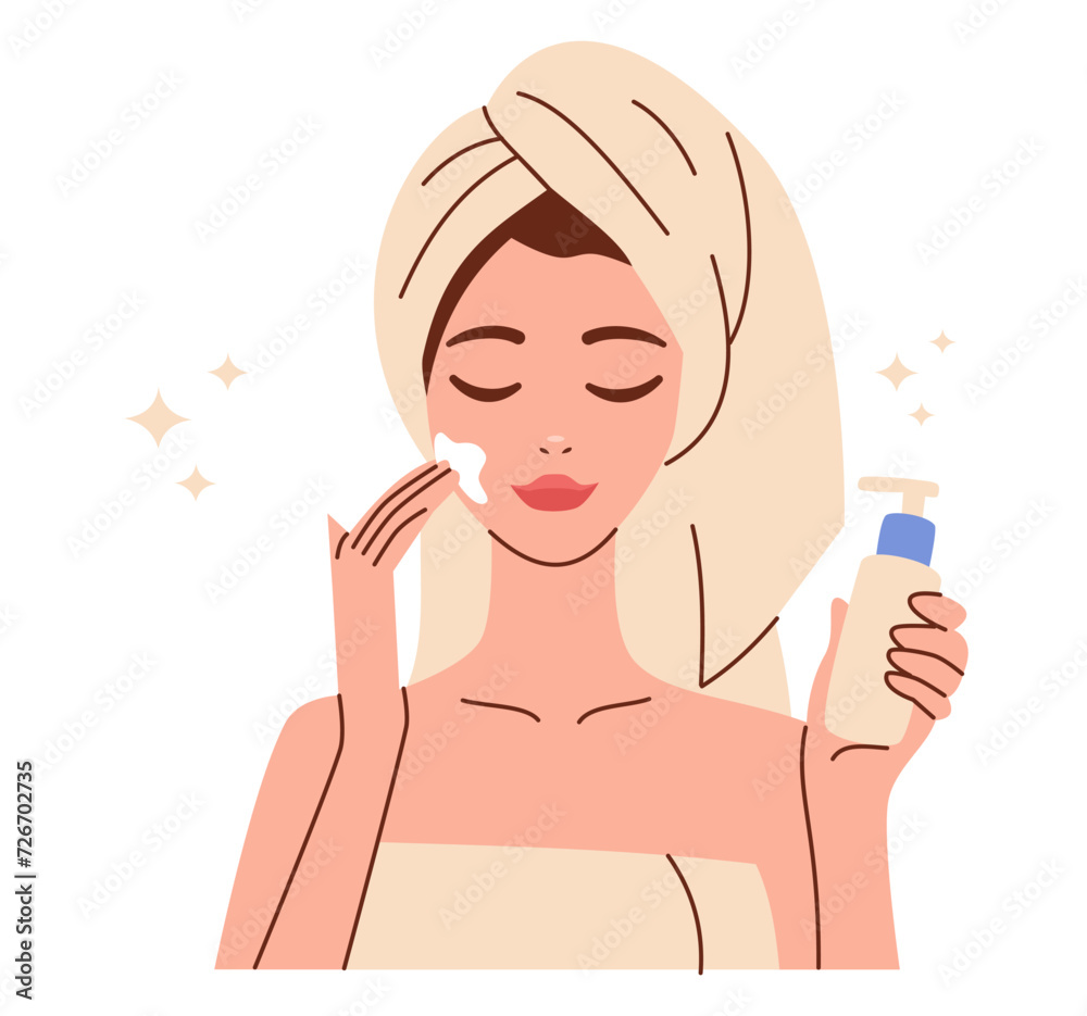 Flat Vector Illustration Nice Woman After Shower In Towel Can Cream