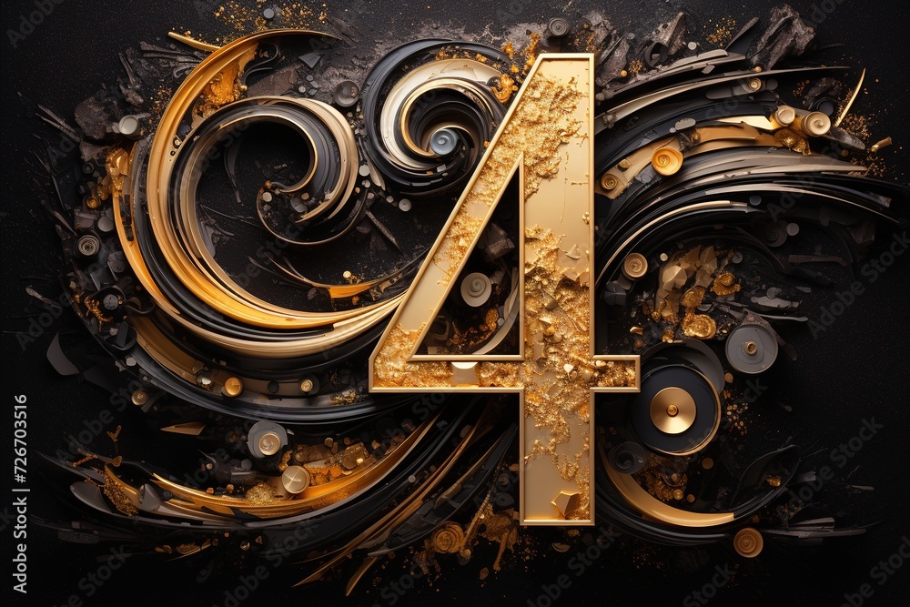 Golden 3D number four. 4 Years Old. Invitation for a fourth birthday ...