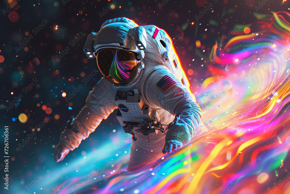 Astronaut Floating in Colourful Space Nebula. An astronaut drifts ...
