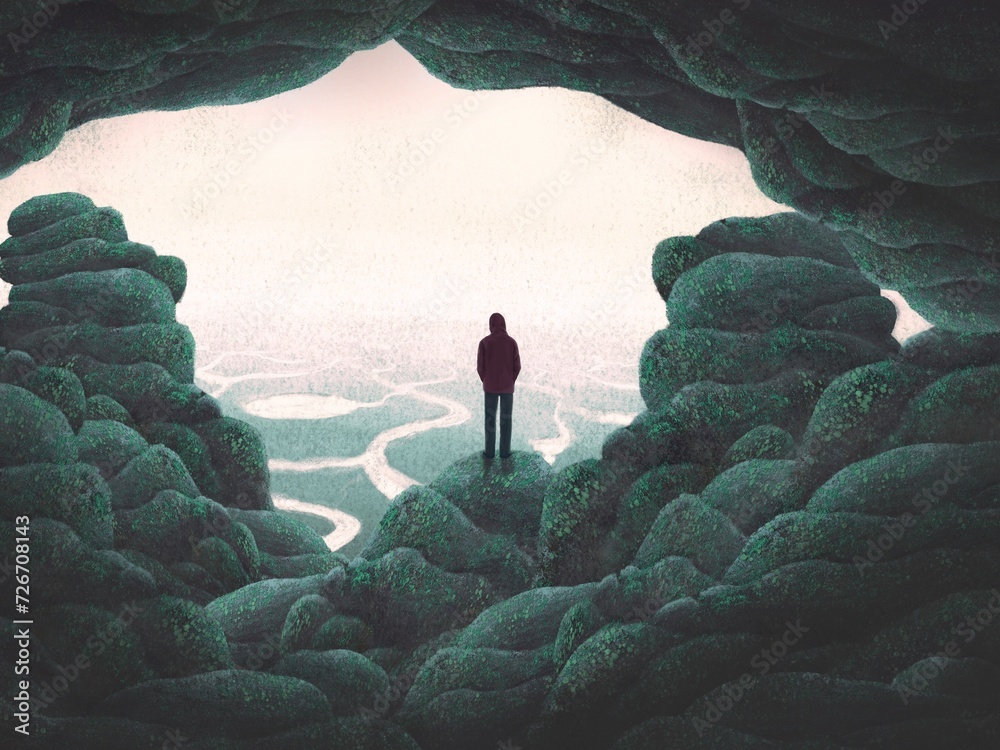 Lonely man and the cave. travel, journey and freedom concept art ...