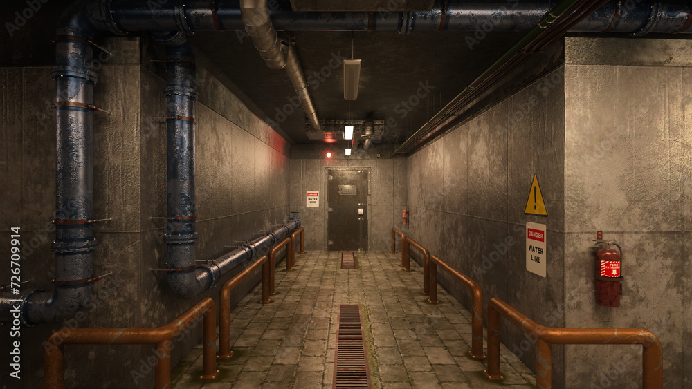 Dark grungy basement corridor in an industrial building with pipes ...