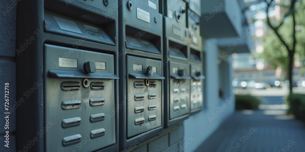 Modern Mailboxes in Apartment Building Foyer. A row of mailboxes in a ...