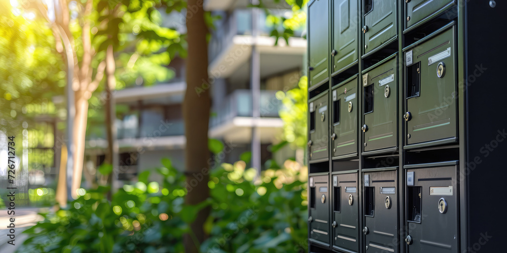 Modern Mailboxes in Apartment Building Foyer. A row of mailboxes in a ...