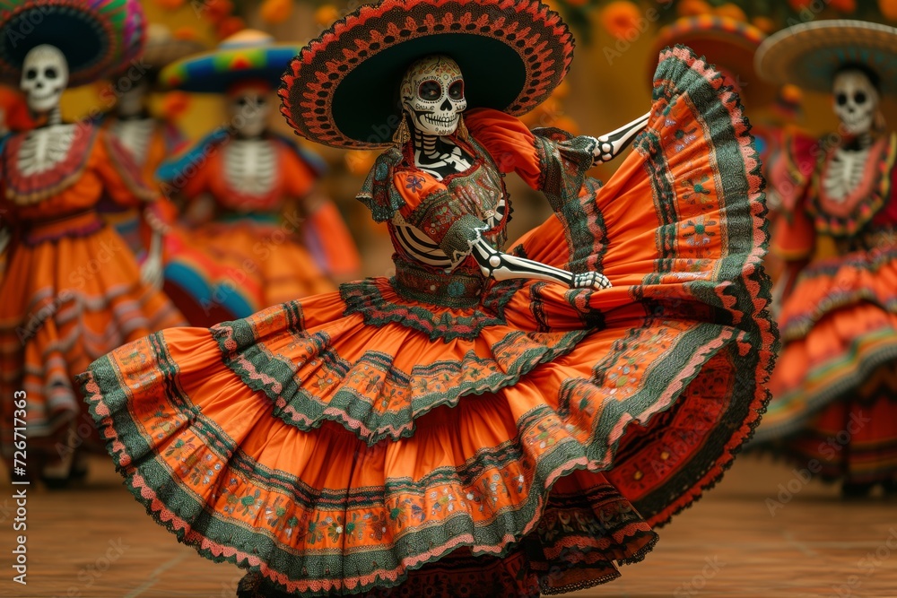 Female mexican Characters dressed as skeletons dancing on Mexico's Day ...