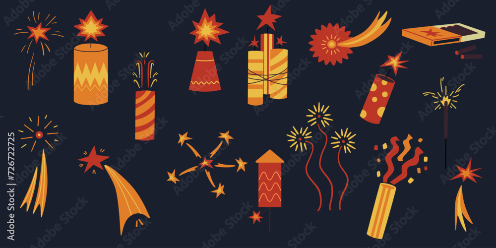 Fireworks rockets firecrackers bengal lights. Set Fireworks against ...