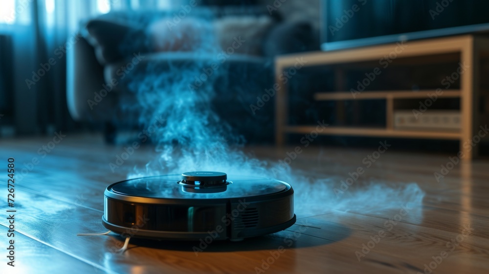 Automated robotic vacuum cleaner emitting smoke due to a malfunction at ...