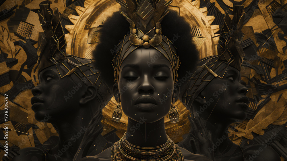 A goddess of African myth with her two servants in golden crown and ...