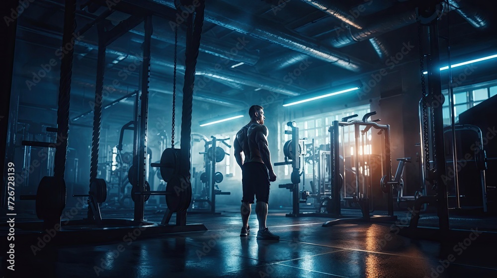 A focused, fit man lifts weights in a gym, showcasing strength and ...