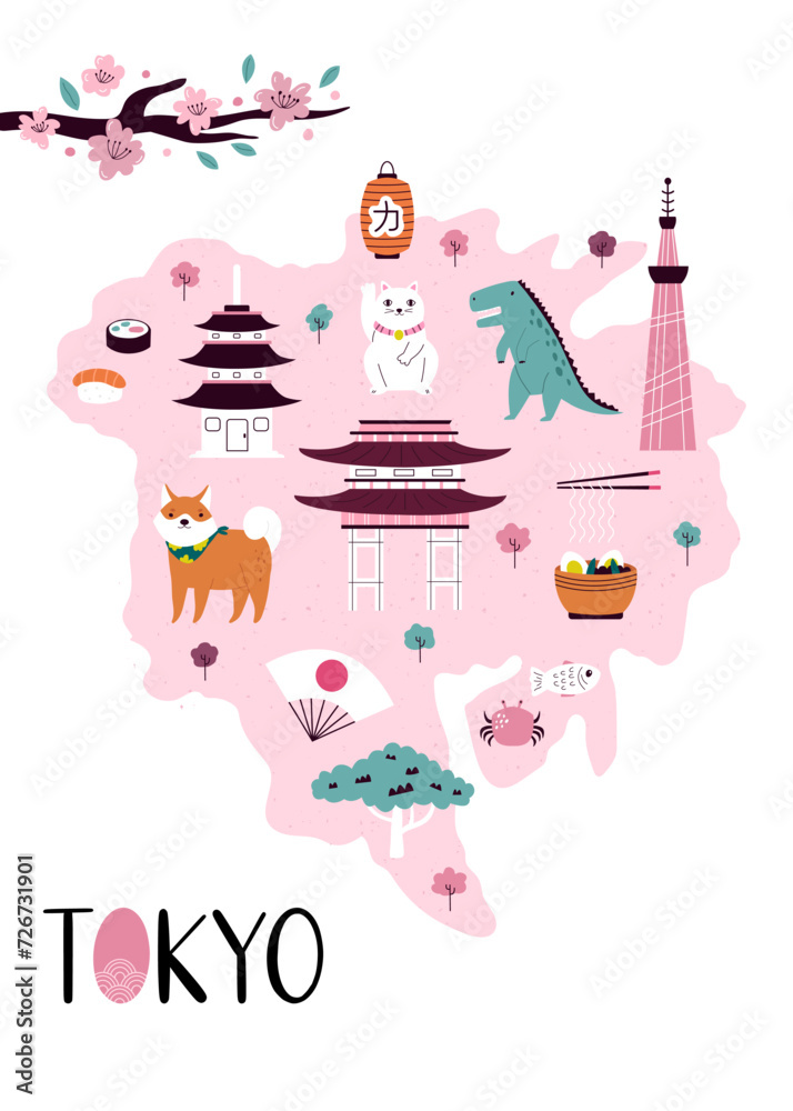Vector stylized illustrated city map of Tokyo with famous landmarks ...