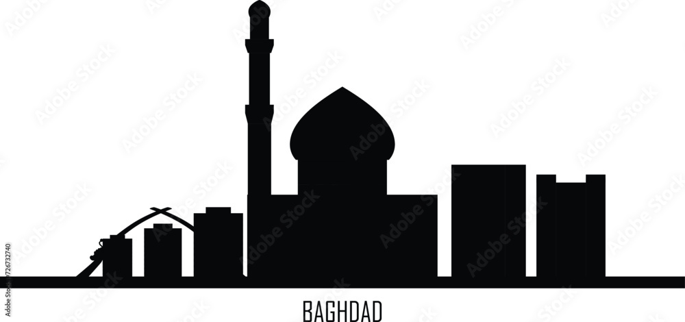 Baghdad skyline. Baghdad skyline and landmarks silhouette, Black tone ...