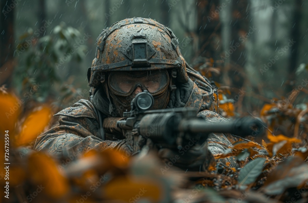 A skilled soldier blends into the forest, armed with a lethal arsenal ...
