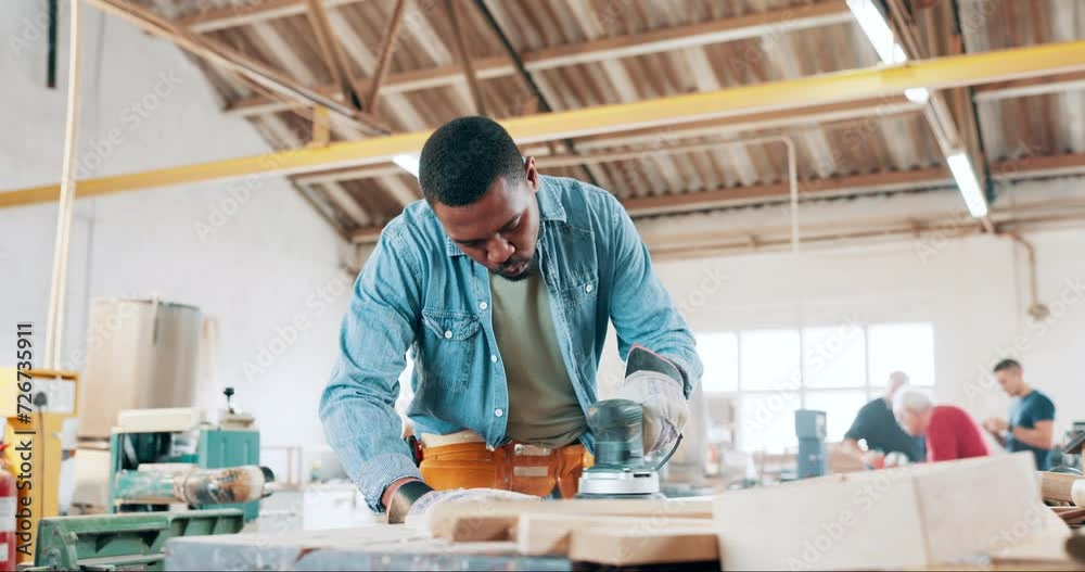 Engineering, woodwork and man carpenter with grinder in a workshop ...