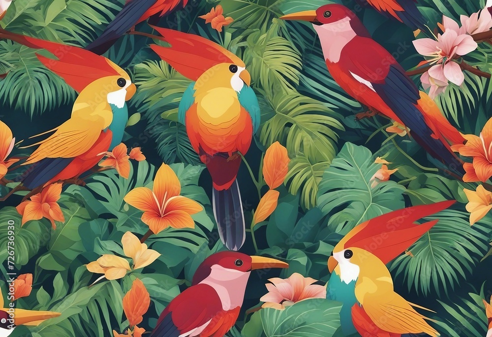 Rainforest tropical background pattern with birds in different vibrant ...