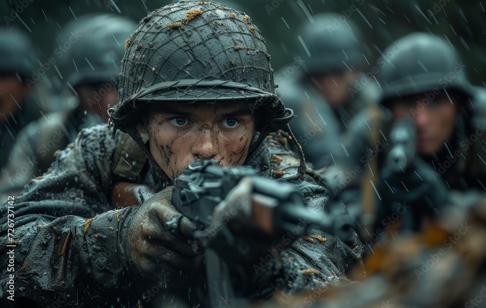 A group of soldiers in military camouflage, armed with assault rifles ...