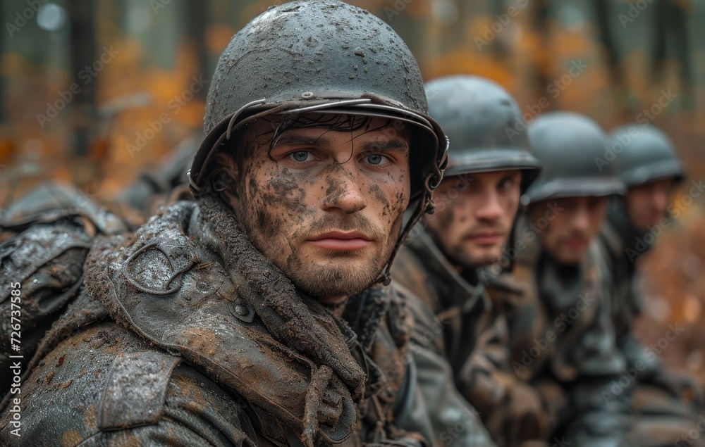 A stoic band of warriors, clad in military uniforms and headgear, stand ...