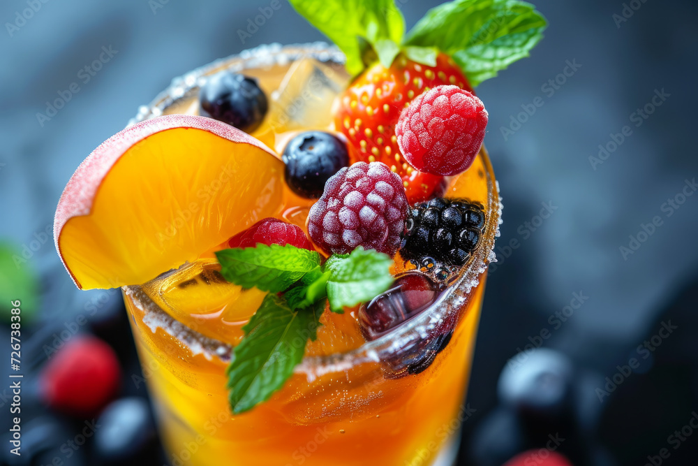 fruit cocktail, fruit juice vitamin. Sliced organic fruits and berries ...