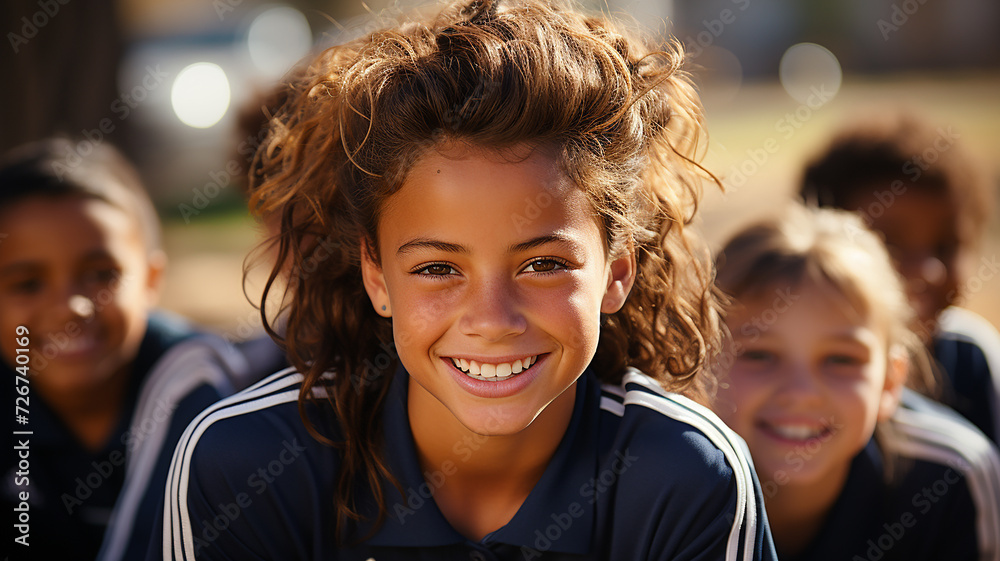 Latina girl in a sports uniform with her teammates. Primary school ...