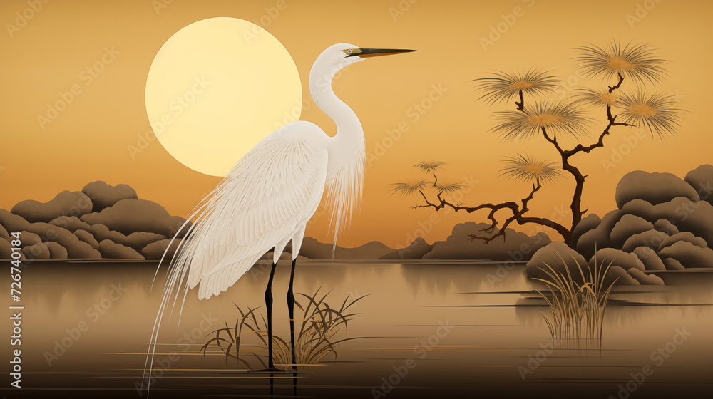 Japanese style byobu art in Ukiyo-e style of a Great Egret in a swamp ...