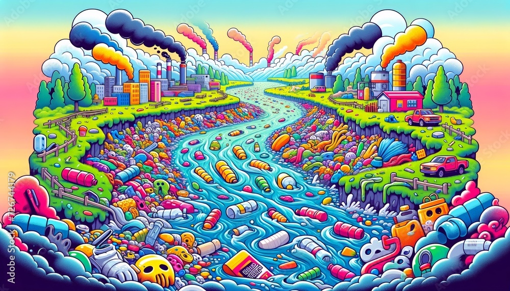 Cartoon illustration of a highly polluted river, colorful yet impactful ...