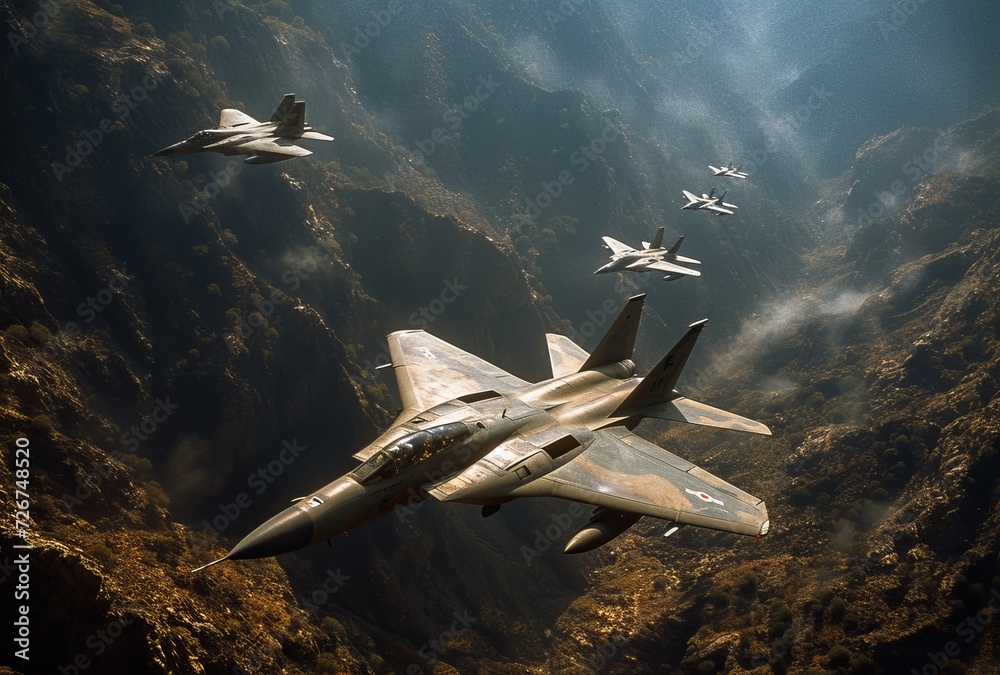 Roaring through the clear blue sky, a fleet of powerful military jets ...