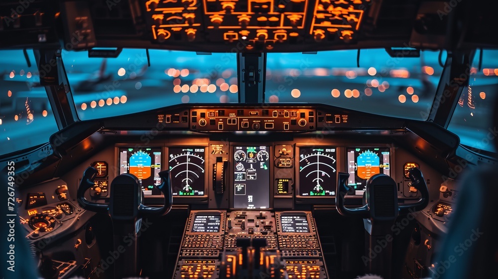 Civil airplane flight deck interior with control panel and pilot seats ...