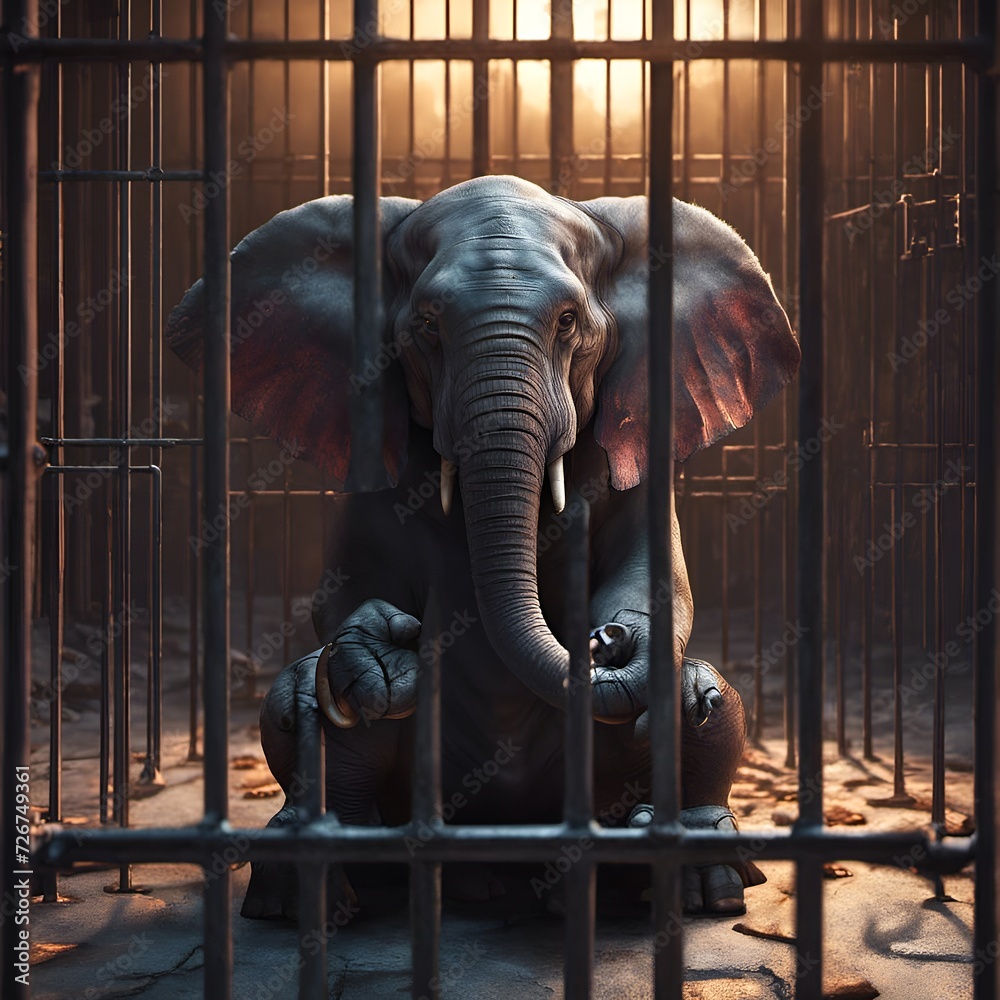 Generative AI Illustration of an Elephant sitting in a dark jail cell ...