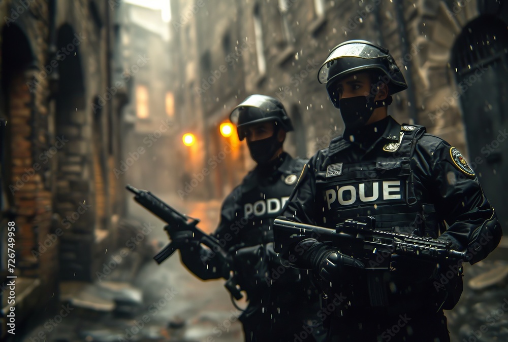 Two police officers clad in black uniforms, armed with weapons and ...