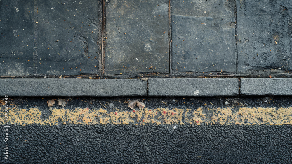 Top view of urban street with fading yellow line, curb and sidewalk ...