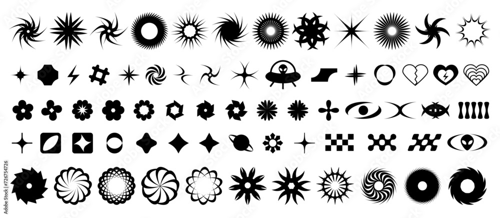 Set of abstract geometric decorative elements in Y2K style. Trendy minimalistic retro shapes ...